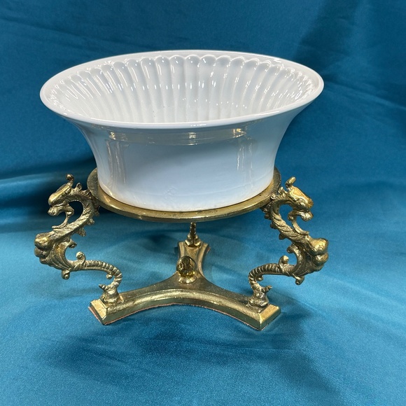 Dining | Brass Colored Metal Compote W Dragon Handles White Bowl Marked ...